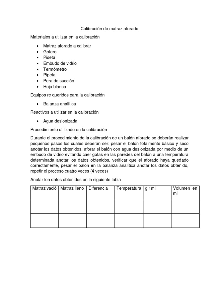 Calibración de Matraz Aforado | PDF | Calibración | Medición
