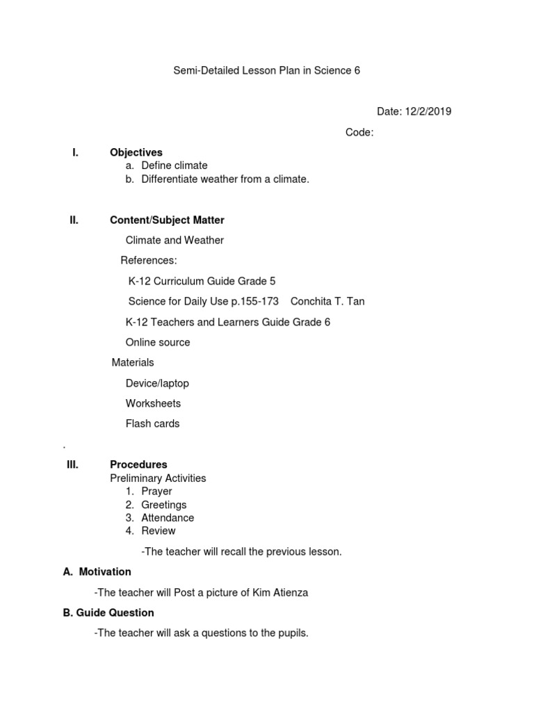 Lesson Plan Grade 6 (Climate and Weather) | PDF