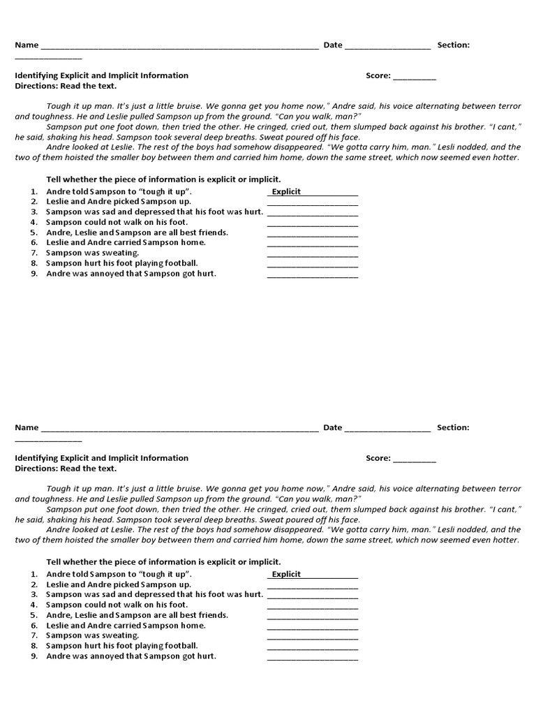 Explicit vs Implicit Information Worksheet | PDF