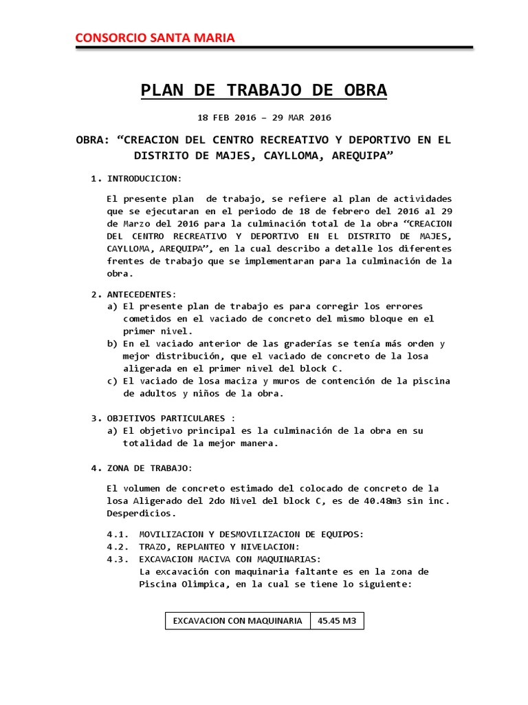 PLAN DE TRABAJO OBRA - Civil | PDF | Ingeniería estructural | Hormigón