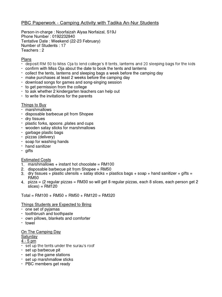 PBC Camping Paperwork | PDF