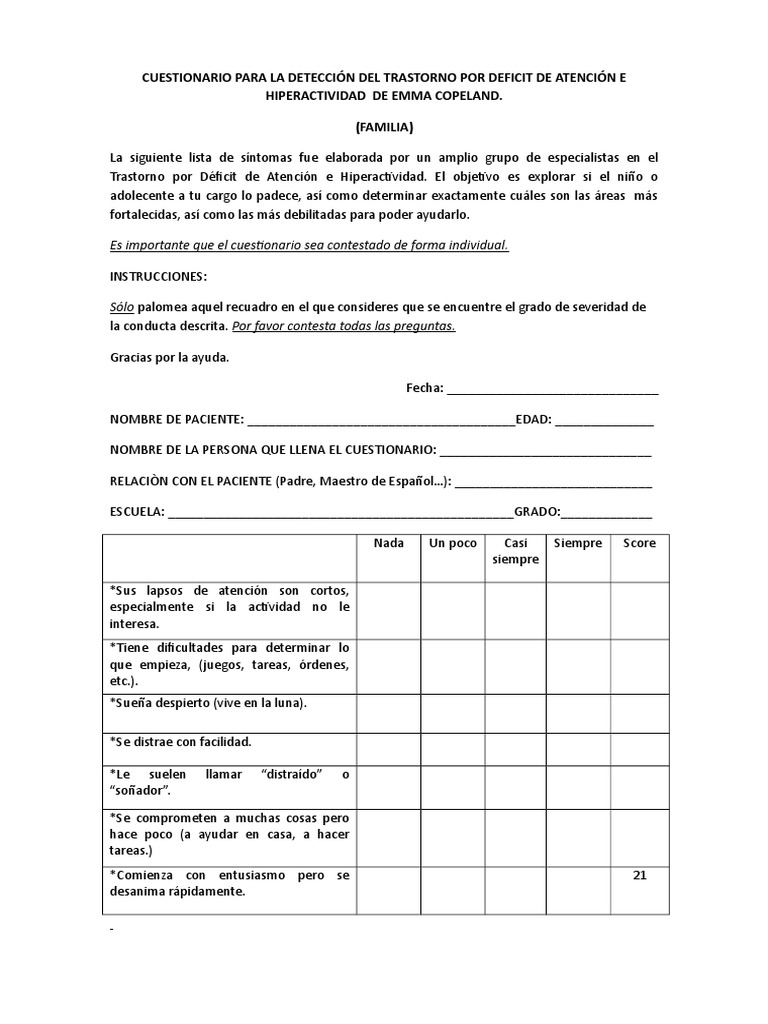 Cuestionarios Copeland | PDF | Desorden hiperactivo y deficit de ...