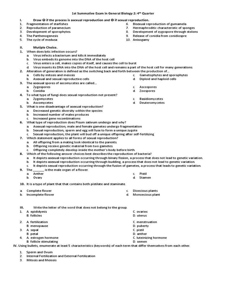 1st Summative Exam In General Biology 2 Pdf Sexual Reproduction Reproductive System