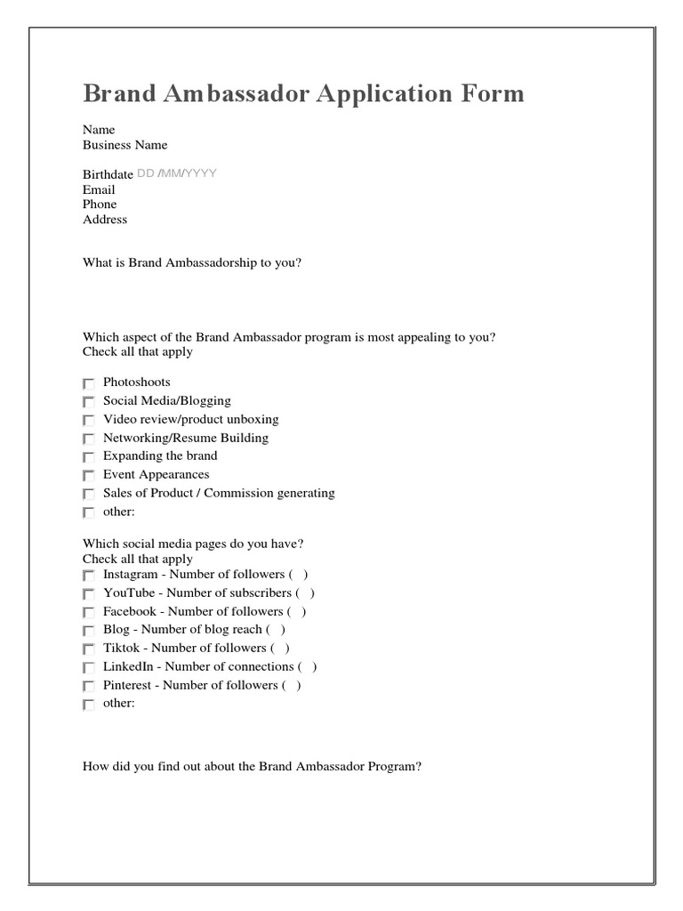 Brand Ambassador Application Form 2020 | PDF