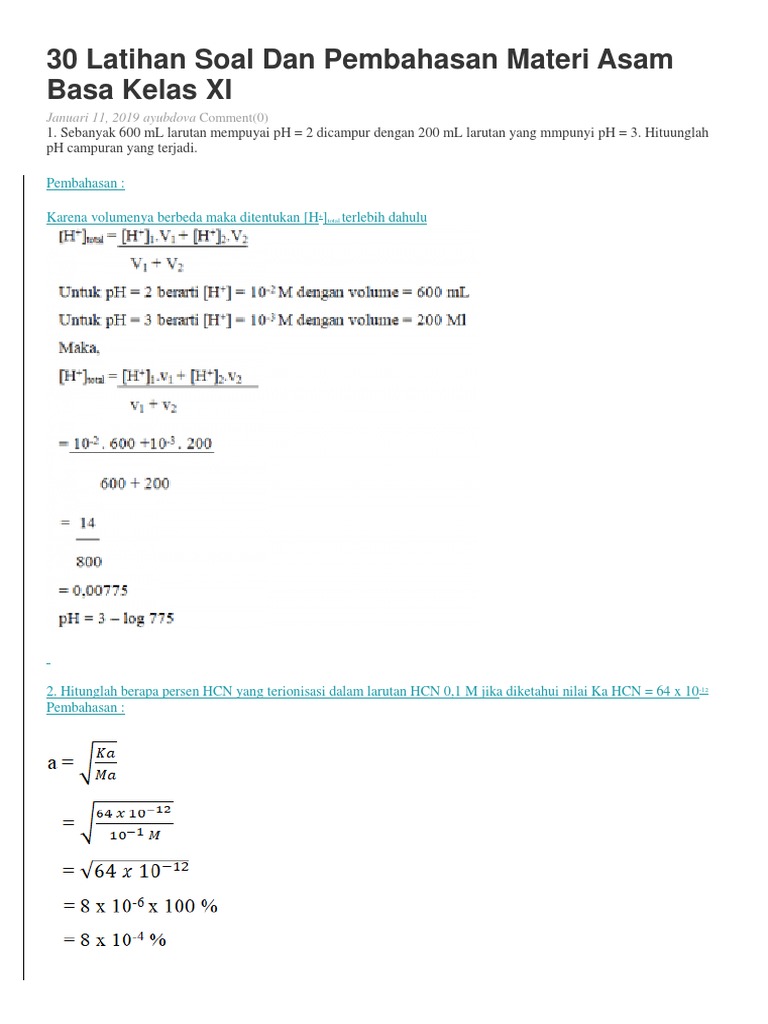 30 Latihan Soal Dan Pembahasan Materi Asam Basa Kelas XI - Docx BG1 | PDF