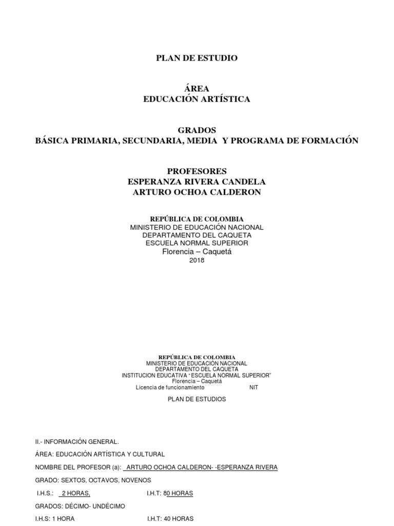 PLAN DE ESTUDIOS 2018 Artistica | PDF | Educación en artes visuales ...