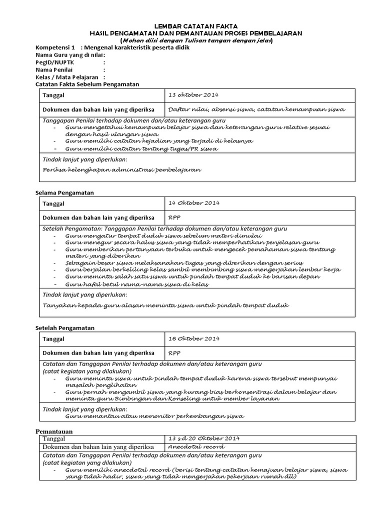 Contoh Pengisian Lembar Catatan Fakta Hasil Pengamatan | PDF