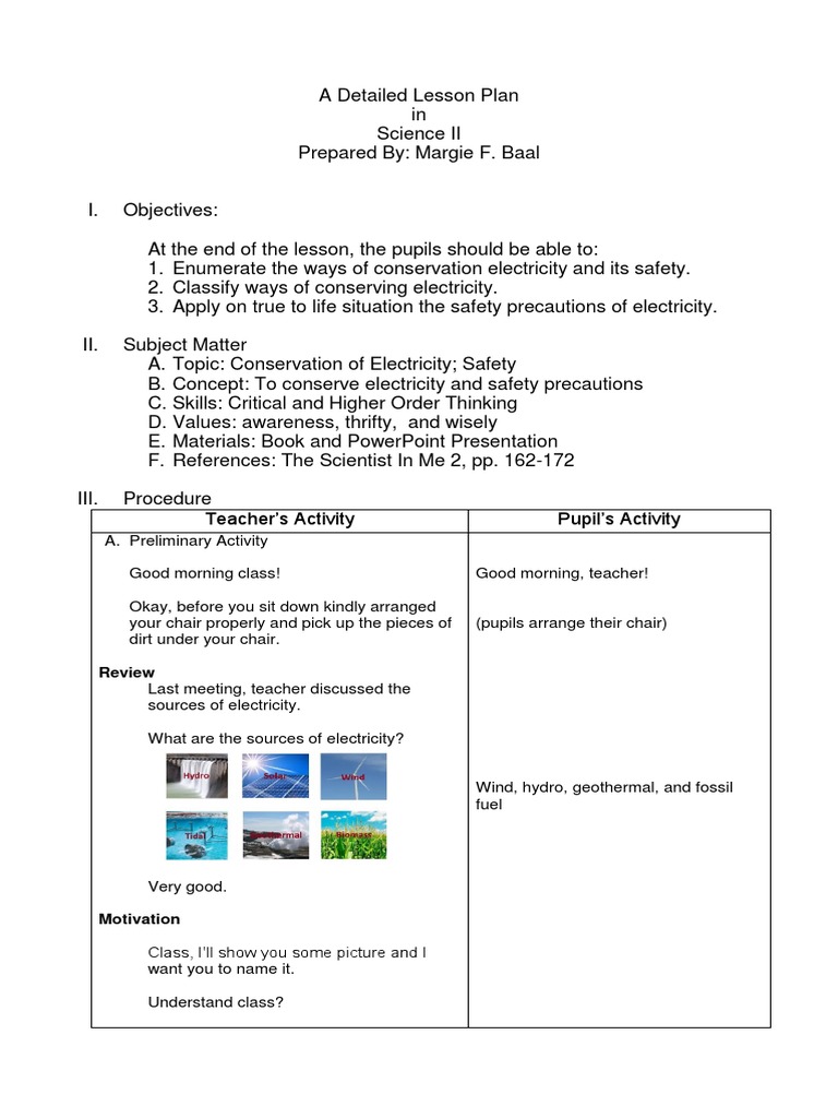 A Detailed Lesson Plan in Science | PDF | Energy Conservation | Electricity