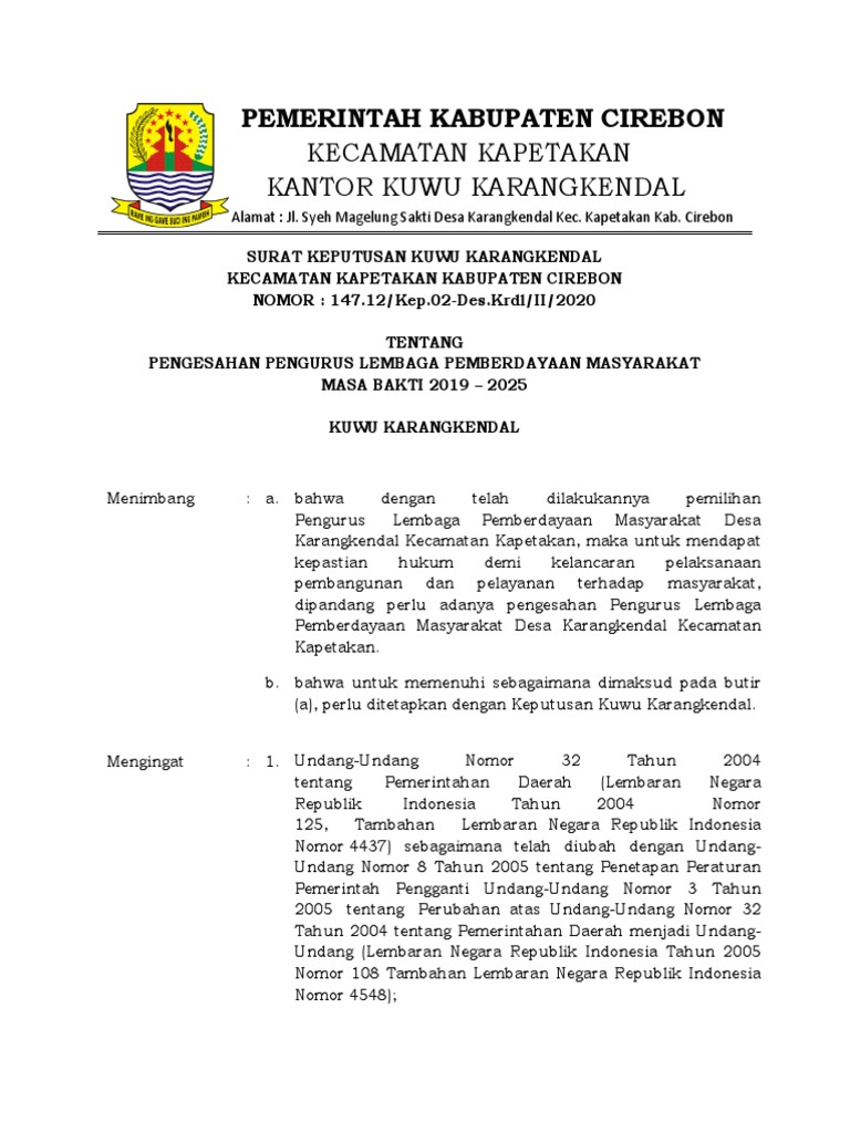 SK Pengesahan Pengurus LPM Desa Karangkendal | PDF
