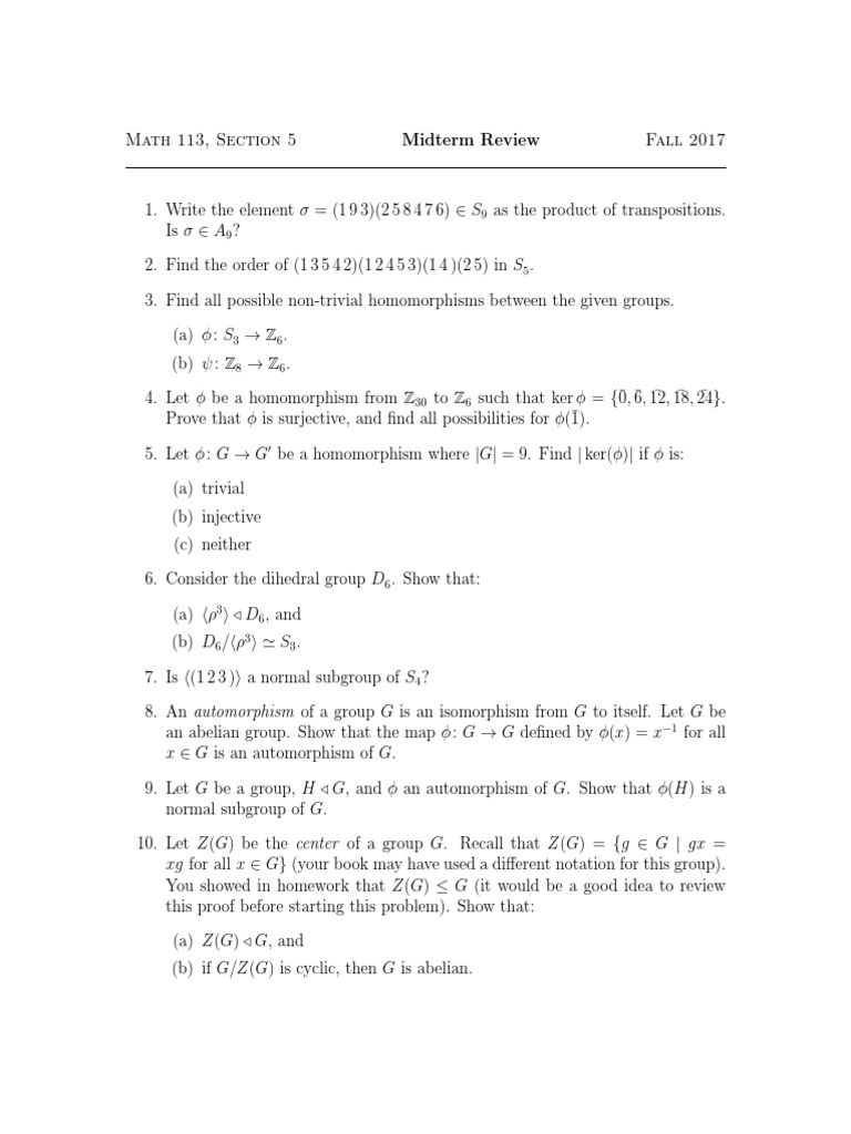 Berkeley Math 113 Abstract Algebra Review | PDF | Group Theory ...