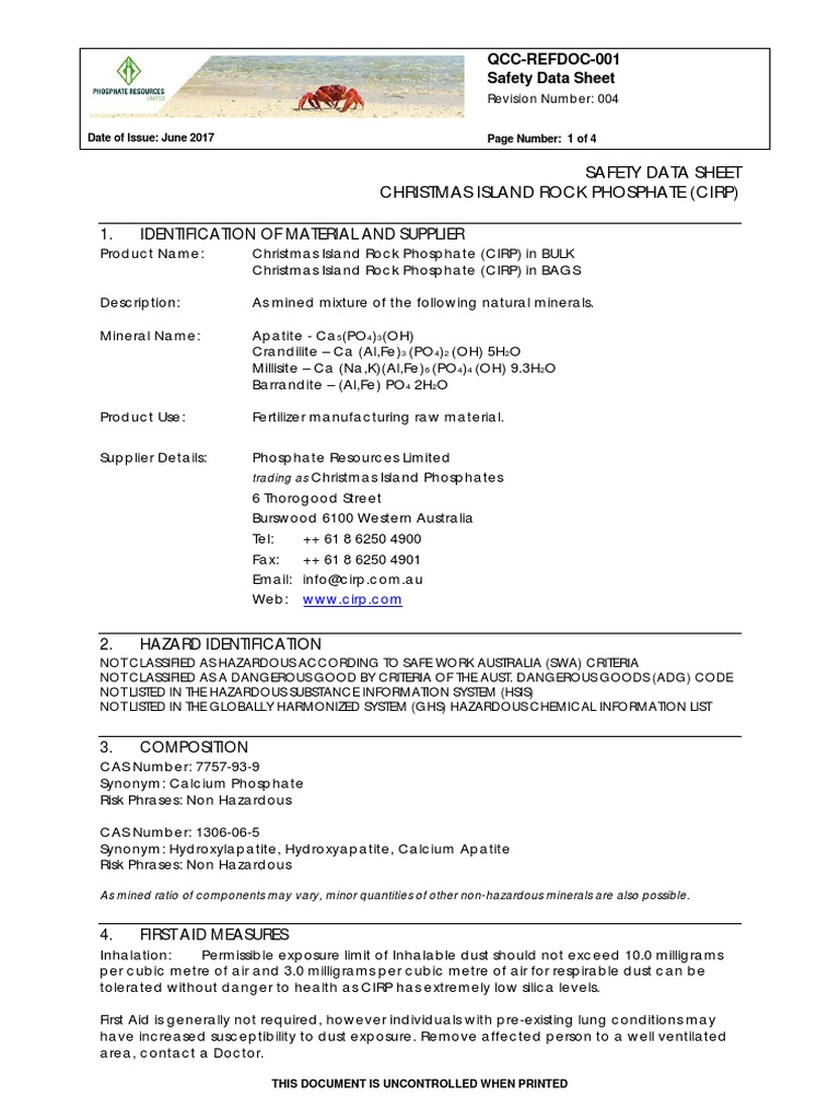 QCC-REFDOC-001 Safety Data Sheet 2017 | PDF | Dangerous Goods | Safety