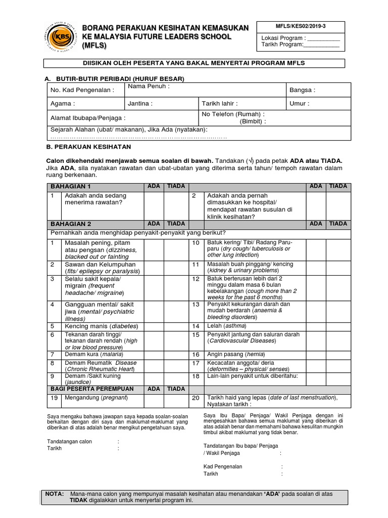 3 Borang Pengesahan Kesihatan MFLS | PDF