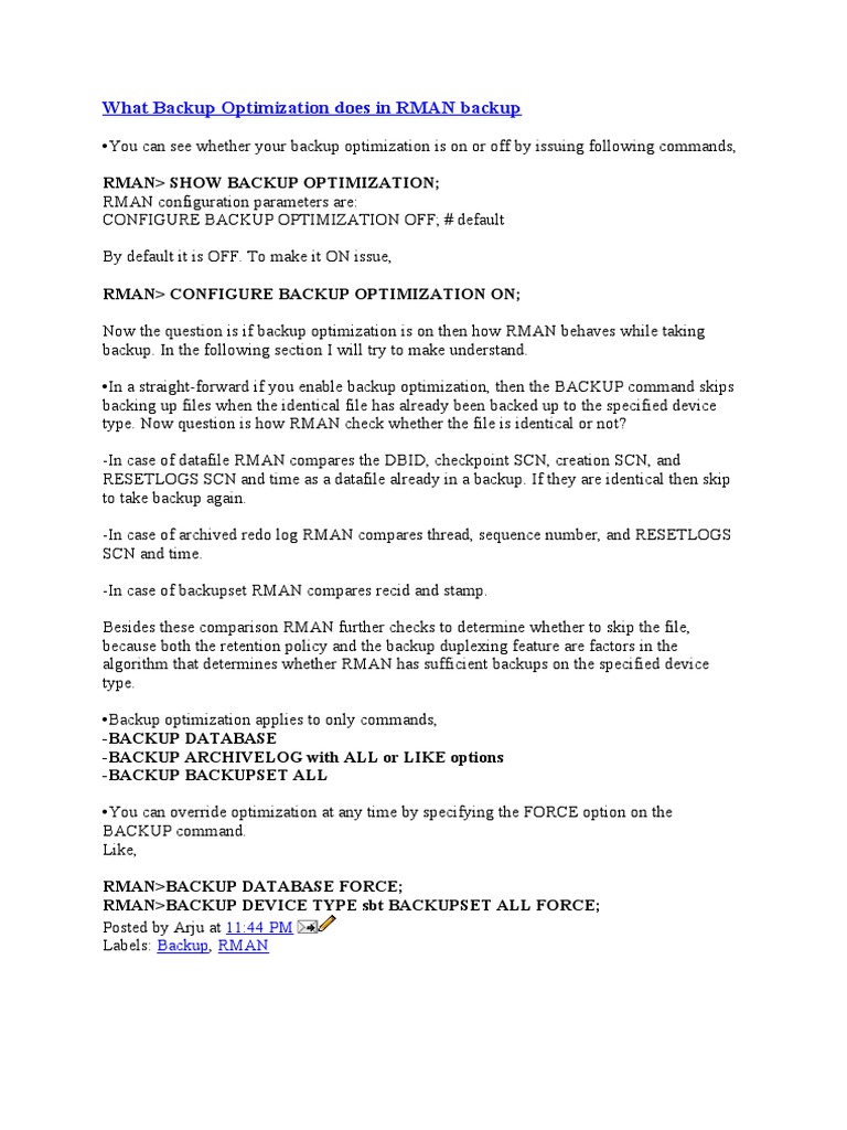 RMAN Backup Optimization Guide | PDF | Computing | Backup