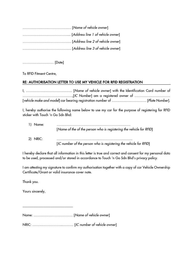 Authorization Letter - Vehicle Owner - RFID PDF | PDF