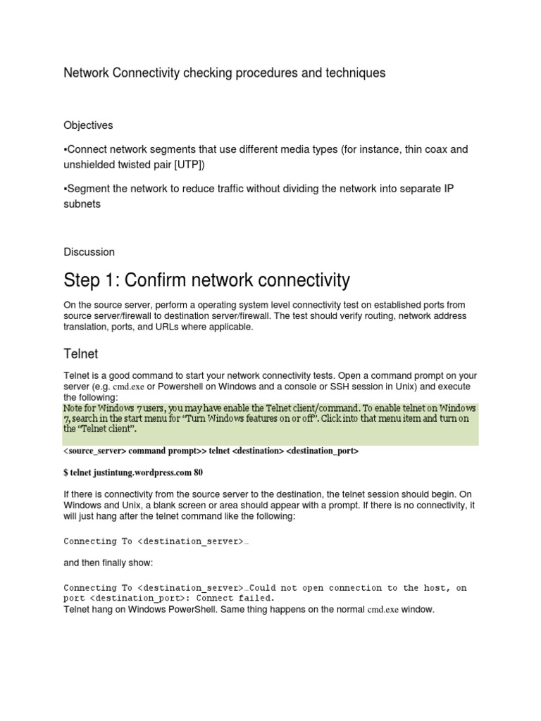 Network Connectivity Checking Procedures and Techniques | PDF | Ip ...