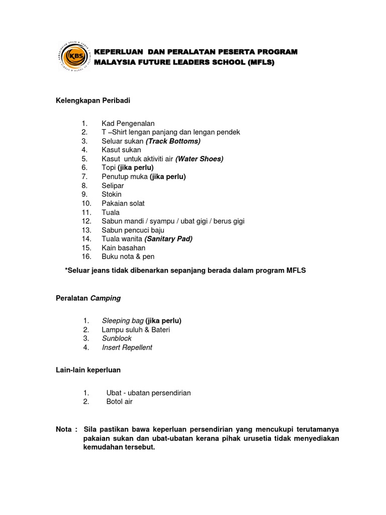7 Keperluan & Kelengkapan Peserta MFLS | PDF