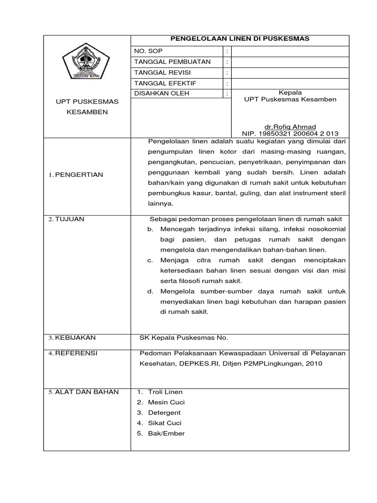 SOP Pengelolaan Linen | PDF