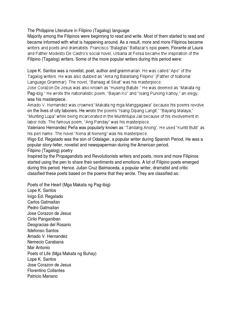 The Philippine Literature in Filipino (Tagalog) Language | PDF ...