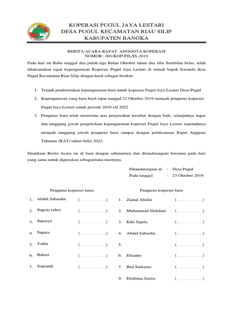 Berita Acara Pergantian Pengurus Koperasi PJL | PDF