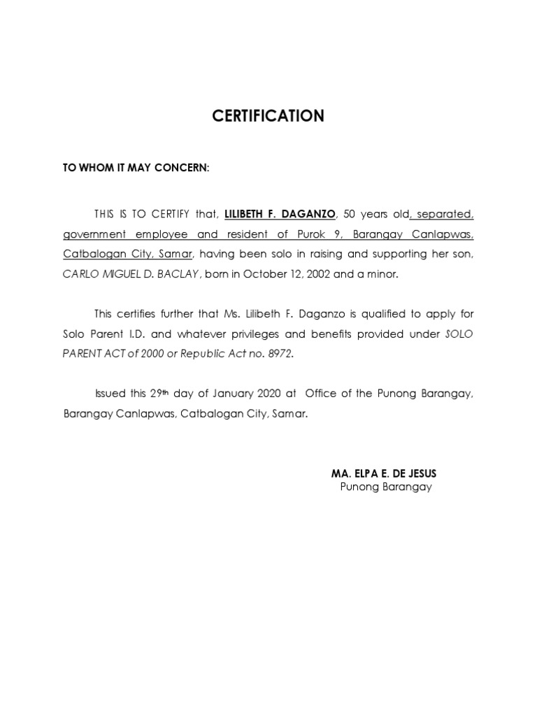 CERTIFICATION Solo Parent | PDF