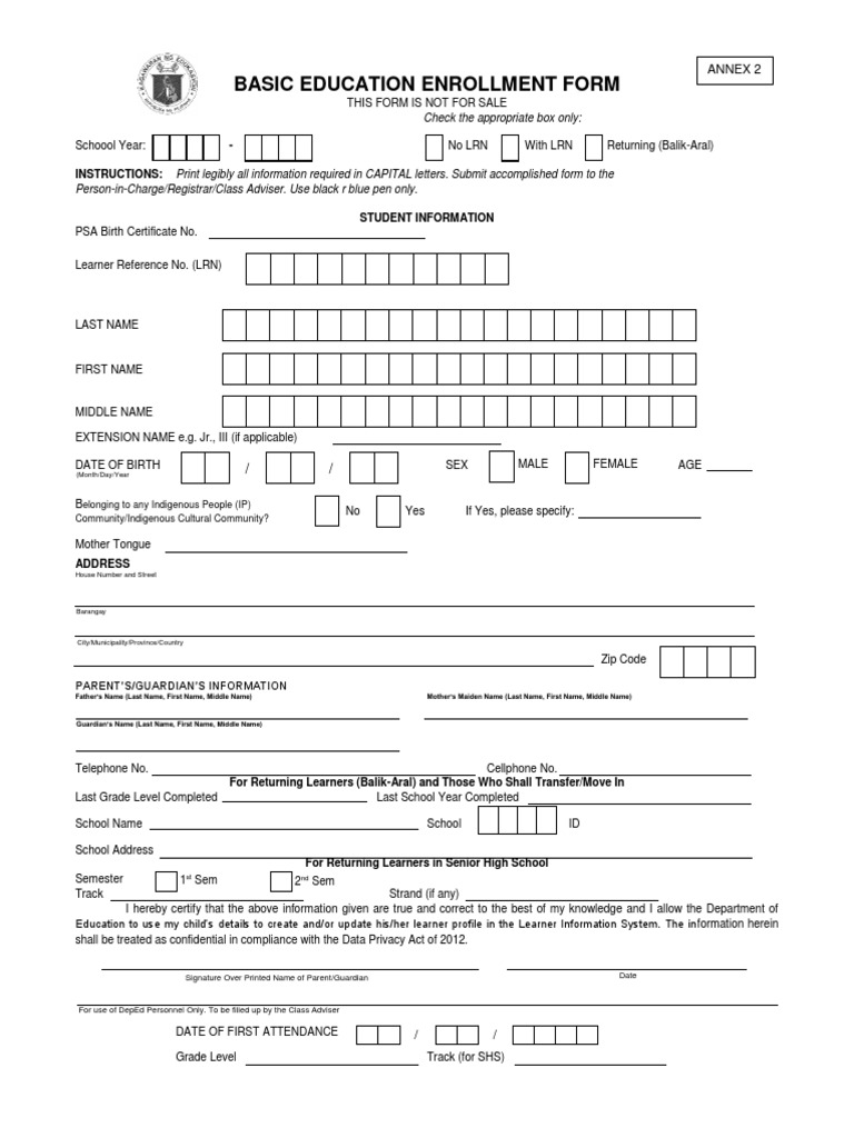 Basic Education Enrollment Form Guide | PDF | Birth Certificate ...