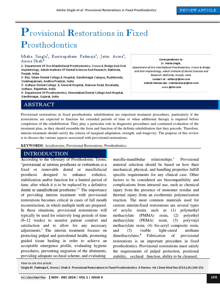 Provisional Restorations in Fixed Prosthodontics | PDF | Prosthodontics | Dentures