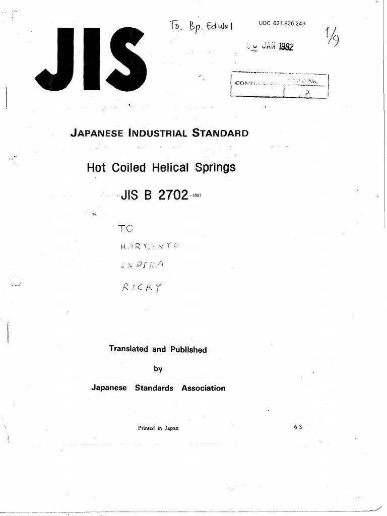 JIS B 2702: Hot Coiled Helical Springs | PDF | Engineering Tolerance ...