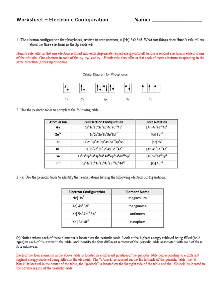 Worksheet Electronic Configuration BC Science - Ans | PDF | Periodic ...