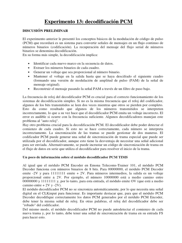 EXPERIMENTO 13 (PCM-Decoding) PDF | PDF | Telecomunicaciones | Tecnología de información y ...