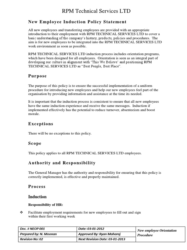 New Employee Induction Procedure | PDF | Turnover (Employment) | Employment