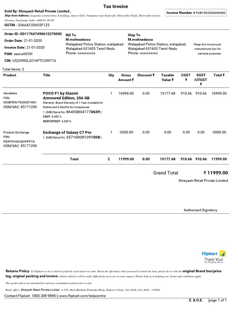 Invoice OD117647490612370000 | PDF | Tamil Nadu | Economies