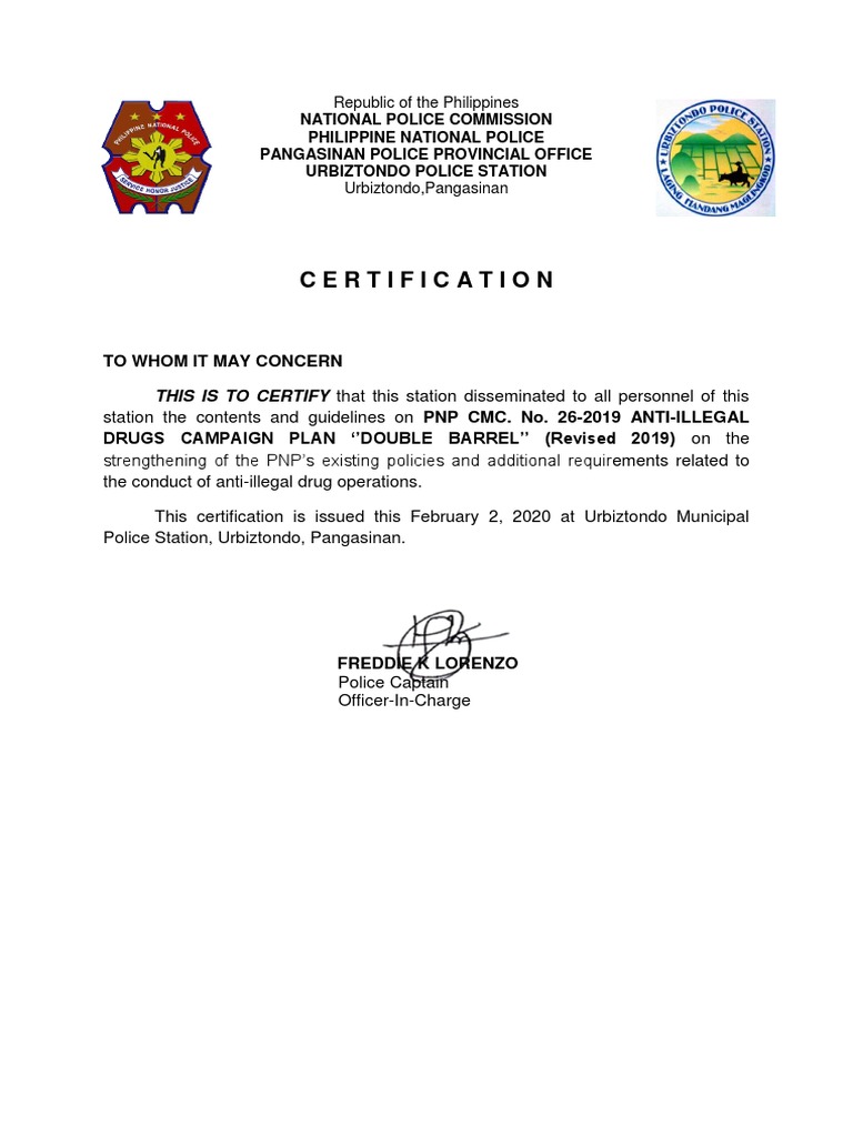 Anti-Illegal Drugs Campaign Certification | PDF