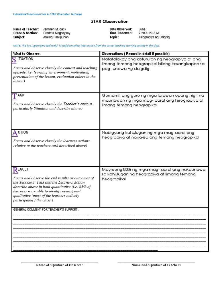 May Laman Star Observation Form | PDF | Motivation | Motivational