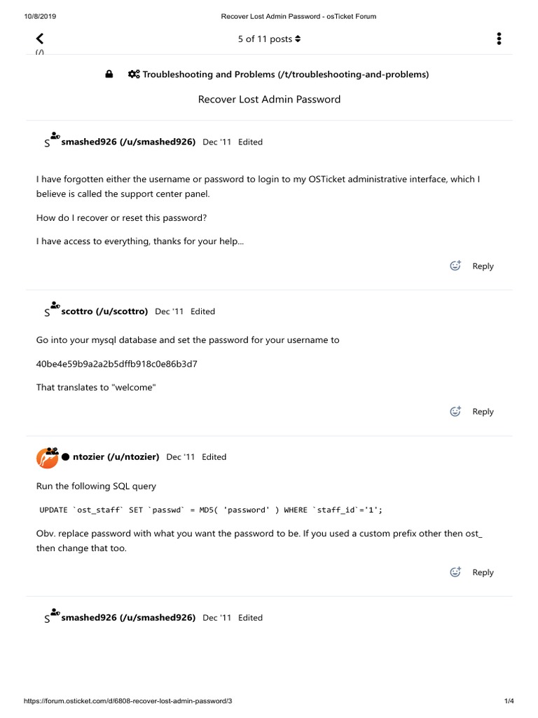 Recover Lost Admin Password - Osticket Forum | PDF | Password | Databases