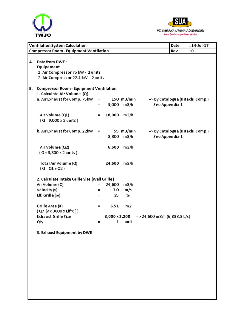Ventilation Calculation - Equipment Compressor Room | PDF | Teaching ...