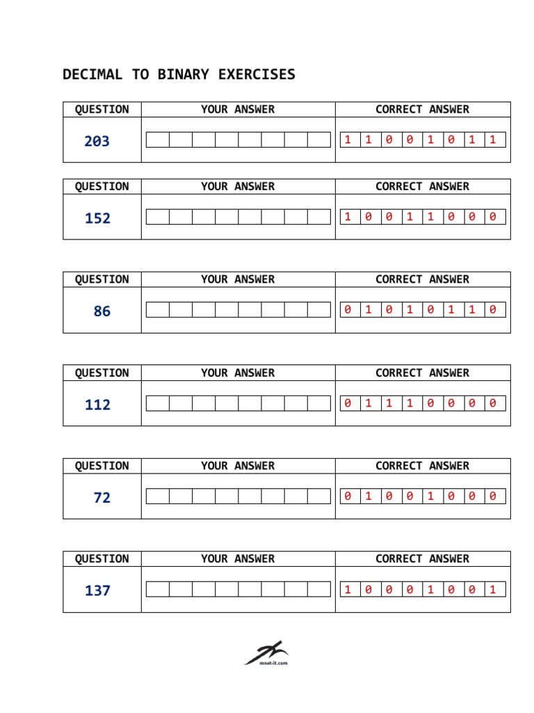 Decimal To Binary Exercises | PDF