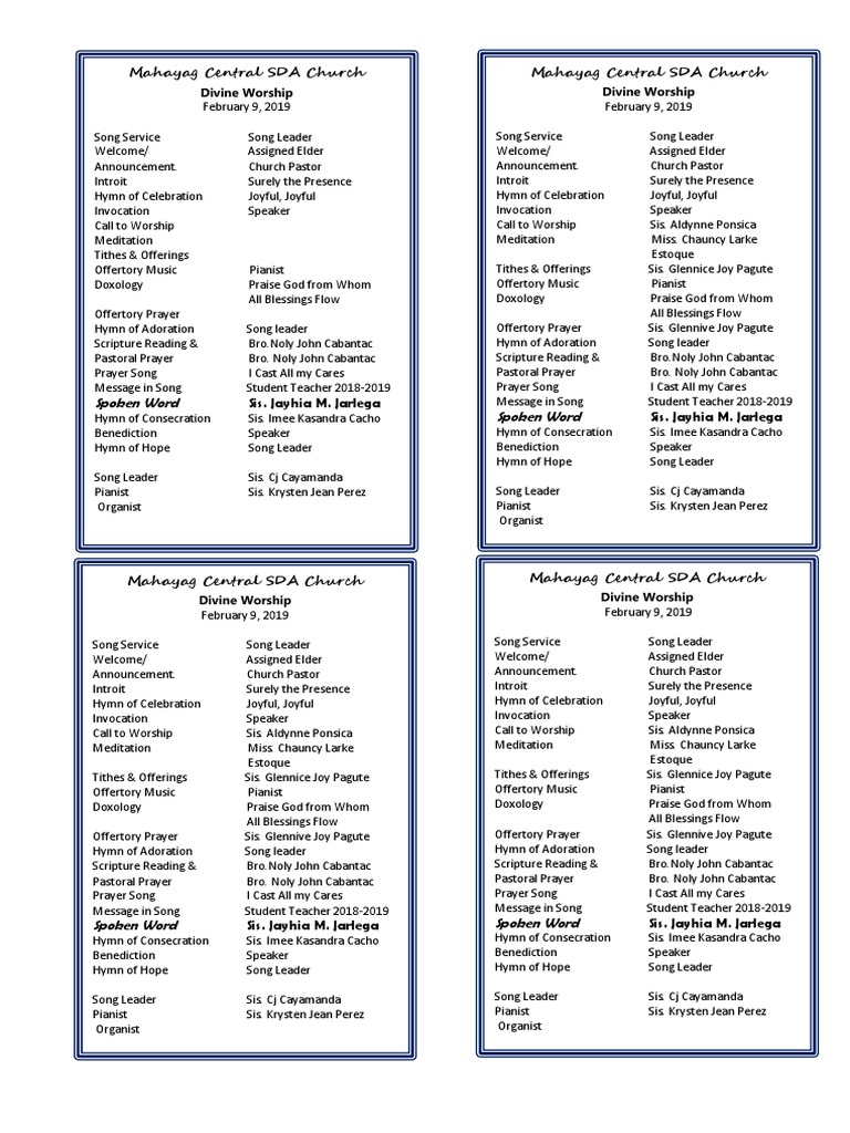 Mahayag SDA Church Worship Program | PDF | Hymns | Prayer