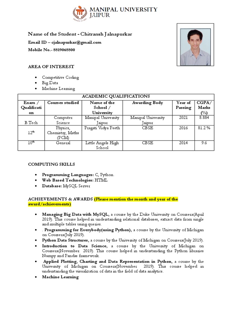 MUJ - Resume Format - FoE | PDF | Python (Programming Language) | Data ...
