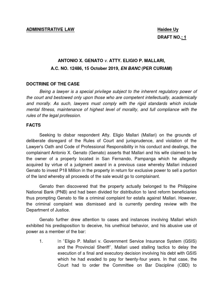 Antonio Genato Vs Eligio Mallari | PDF | Lawyer | Disbarment