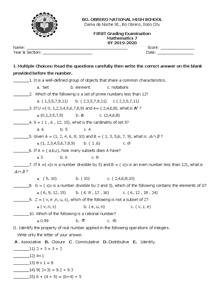 1st Quarter Exam Math 7 | PDF | Integer | Ring Theory