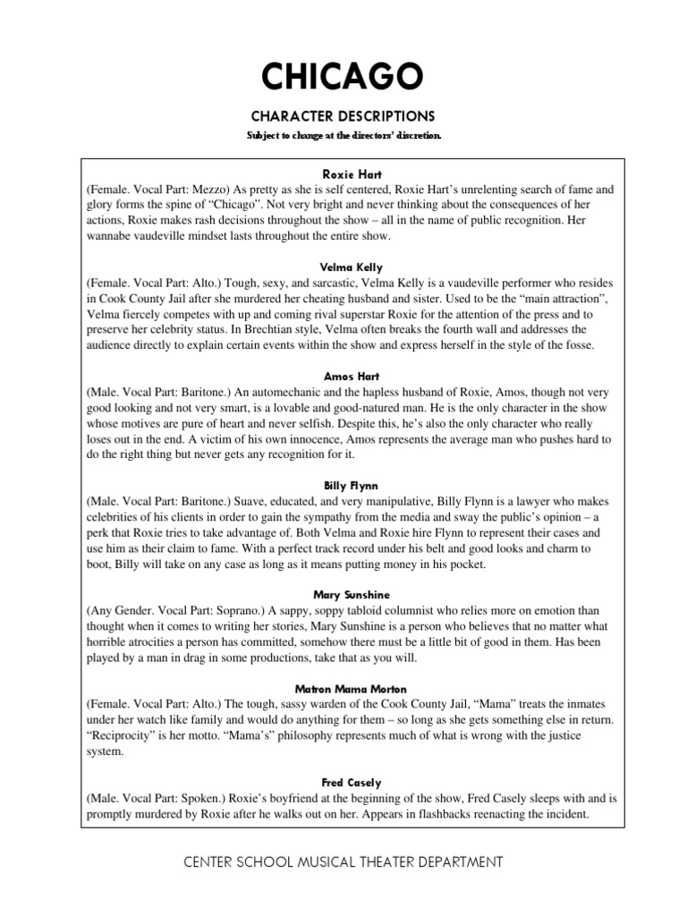 Chicago Character Descriptions | PDF | Violence
