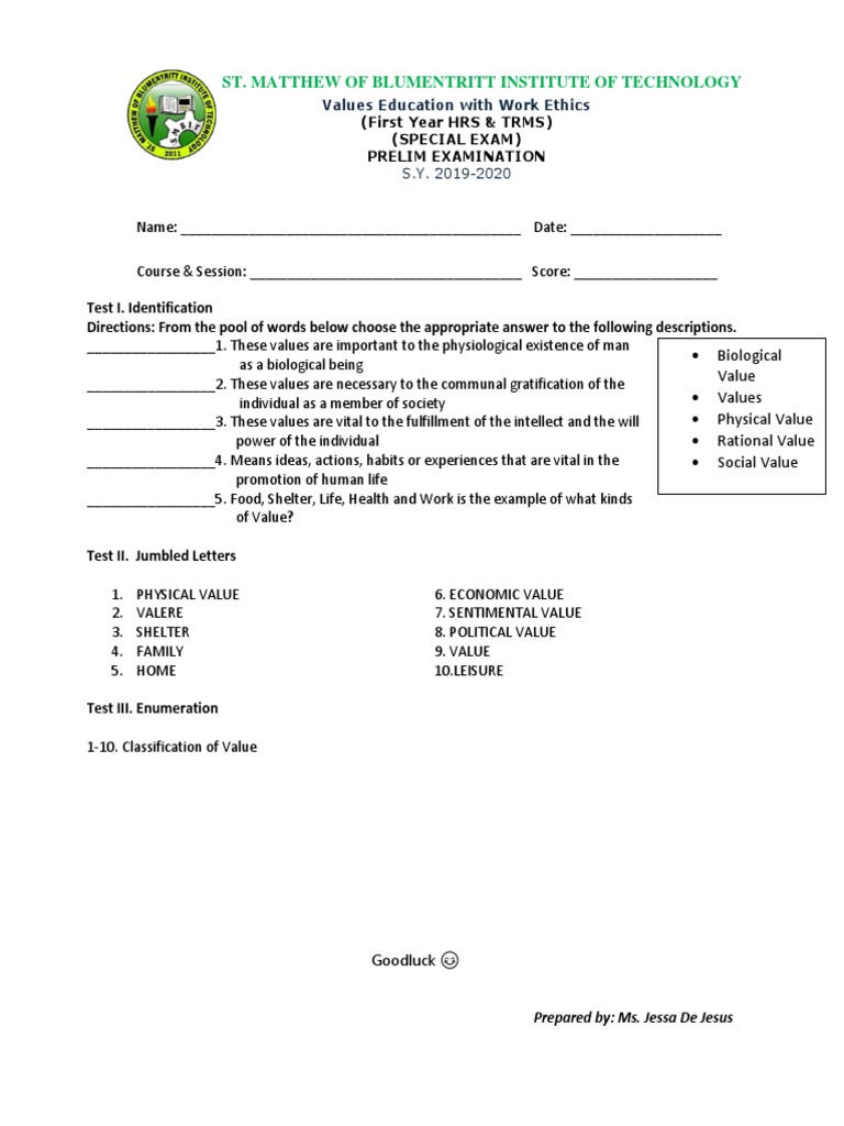 Prelim Exam Values | PDF | Value (Ethics) | Philosophical Theories