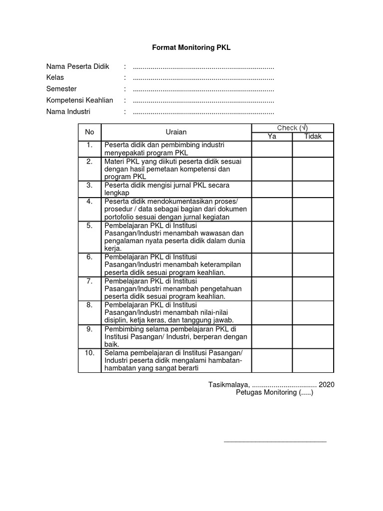 Format Monitoring PKL | PDF | Bisnis