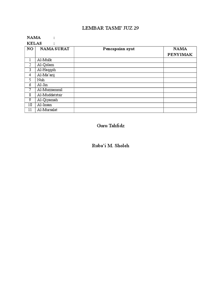 Lembar Tasmi' Juz 29 Al-Quran | PDF