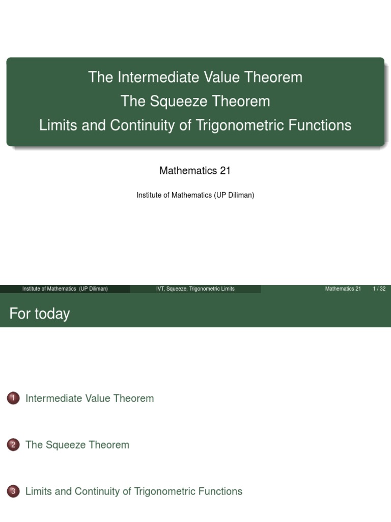 Math 21 Lec 1 5 Ivt Squeeze Theorem Limits And Continuity Of Trigonometric Functions Slides