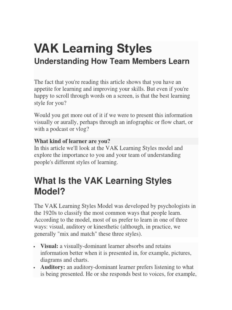 VAK Learning Styles | PDF | Learning Styles | Human Communication