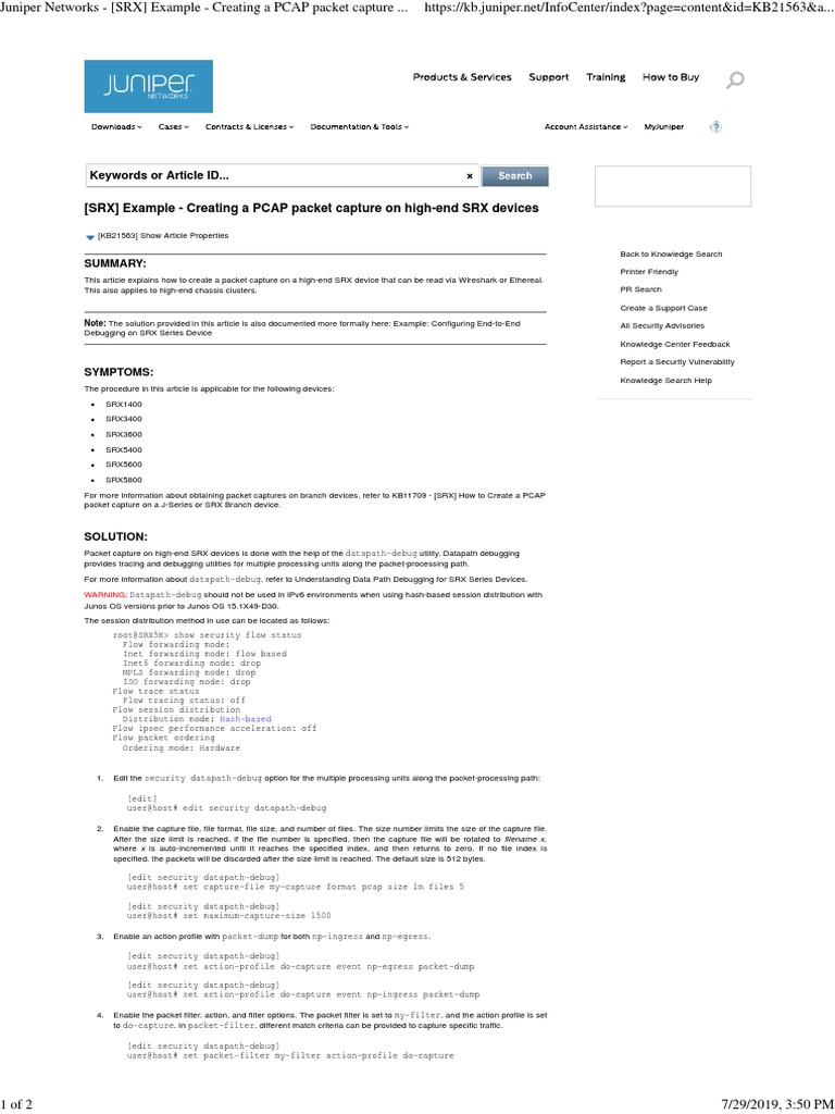Juniper Networks - (SRX) Example - Creating A PCAP Packet Capture On ...