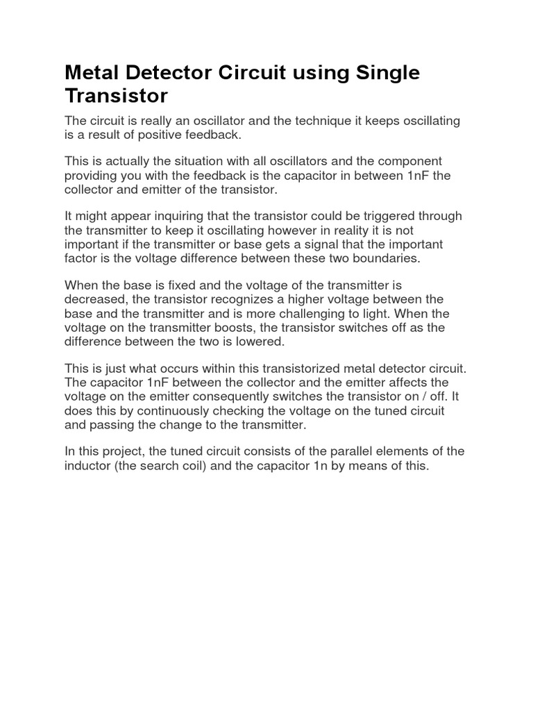 Metal Detector Circuit Using Single Transistor | PDF | Inductor | Capacitor