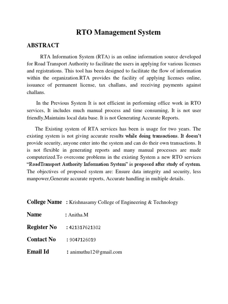 RTO Management System Abstract | PDF