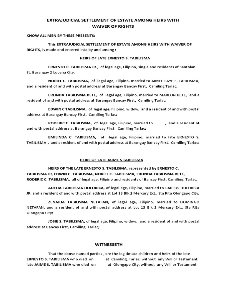 Extrajudicial Settlement of Estate Among Heirs With Waiver of Rights Ellen 2 | PDF | Civil Law ...